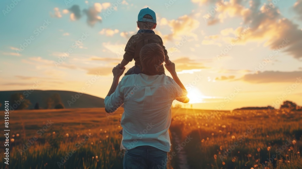 Father's day. View of a little boy seated on his father's shoulders ...