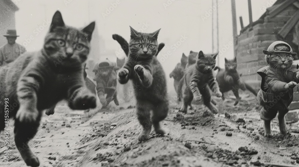 humanoid Cat Army againts soviet union, active fight scene , 1945, Old ...