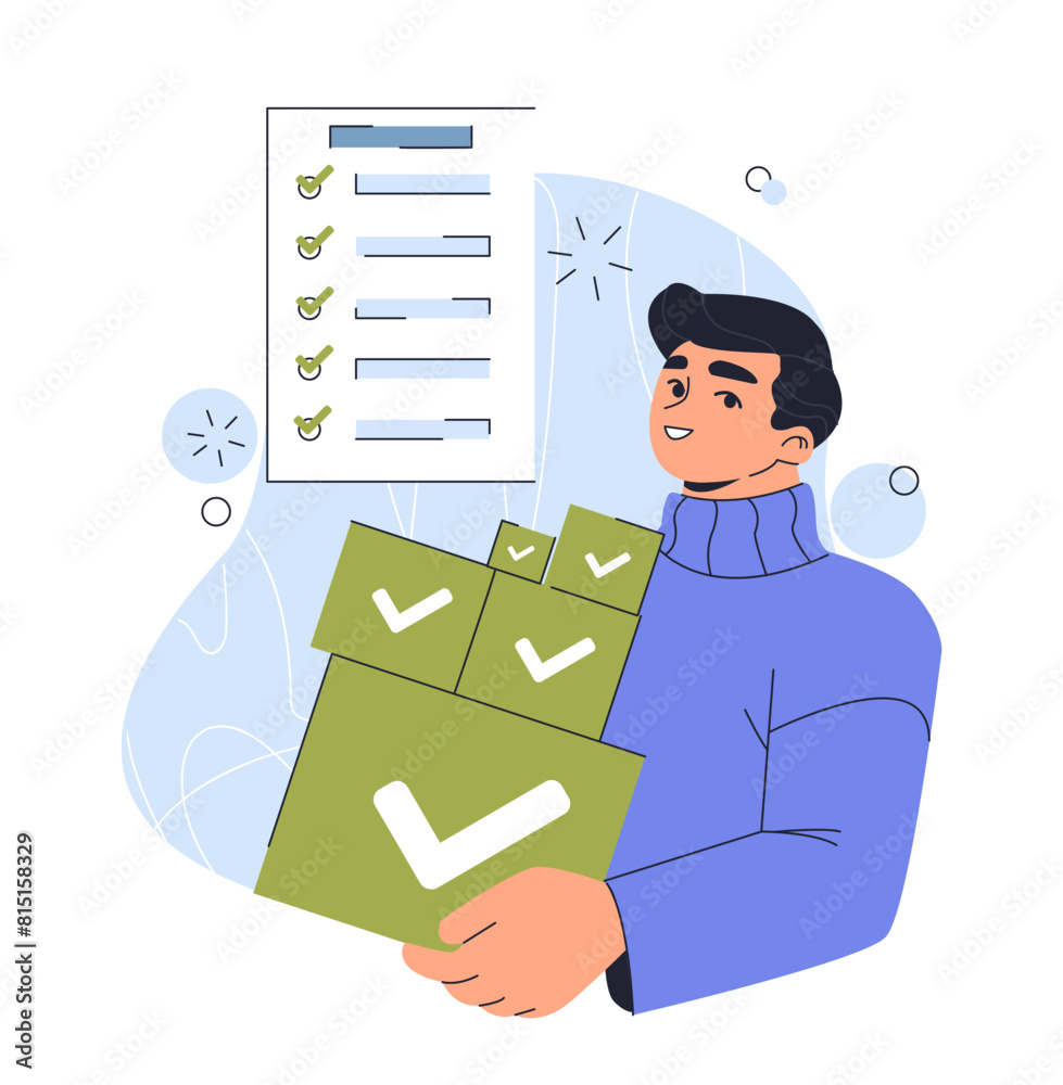 Animated male character holding checklist with green check marks, flat ...