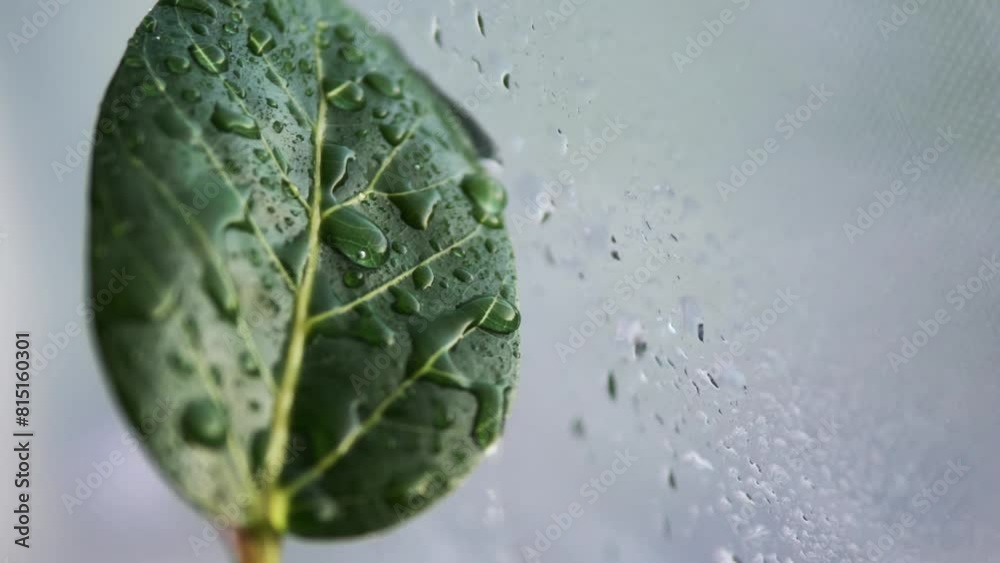 shows a green leaf being doused with water from a spray bottle. The ...