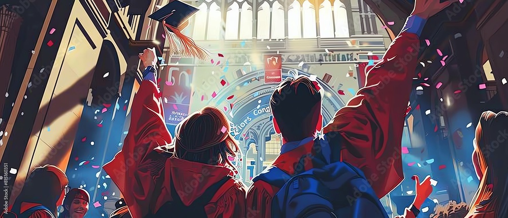 Graduates tossing their caps in the air in front of a grand university ...