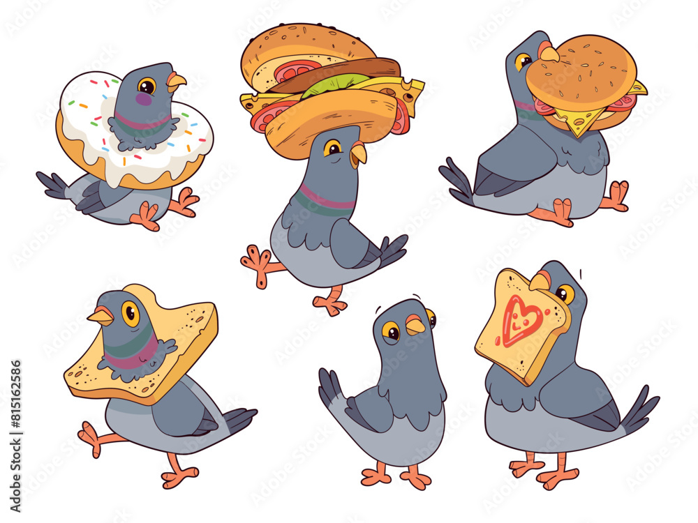 Cartoon pigeons birds with a bread, a sandwich and a doughnut. Feed the ...
