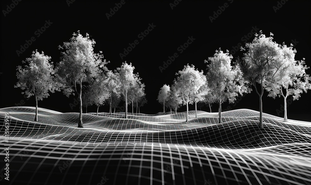 3D wireframe preview of forest, grid, only white lines, polygons, black ...