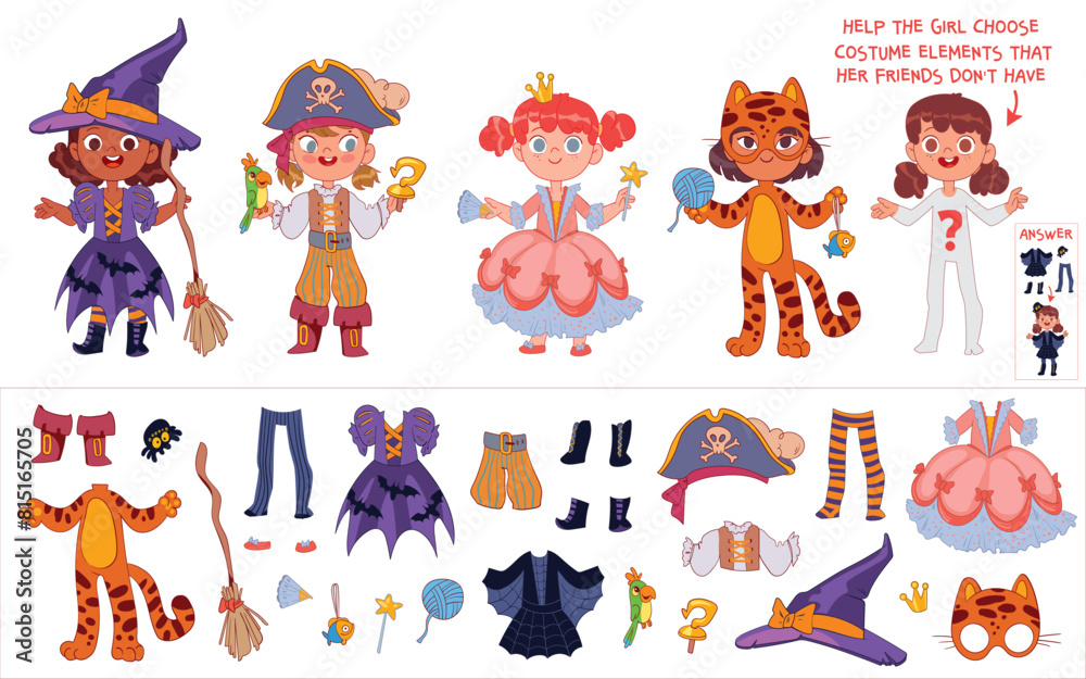Find the costume pieces for girl. Educational game for kids. Attention ...