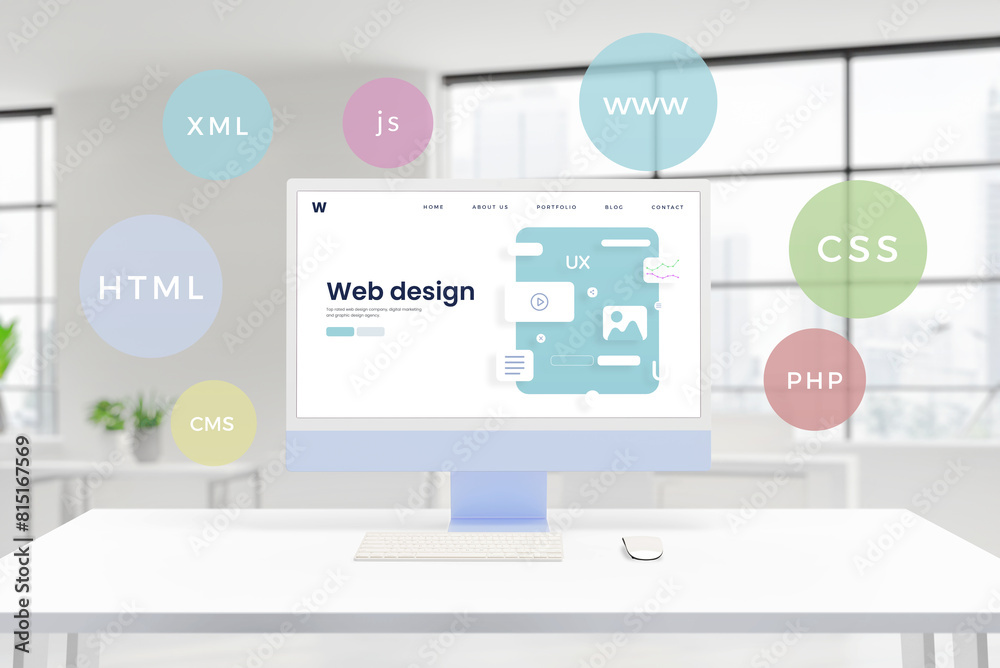 Computer display showcases a conceptual web design studio page with ...