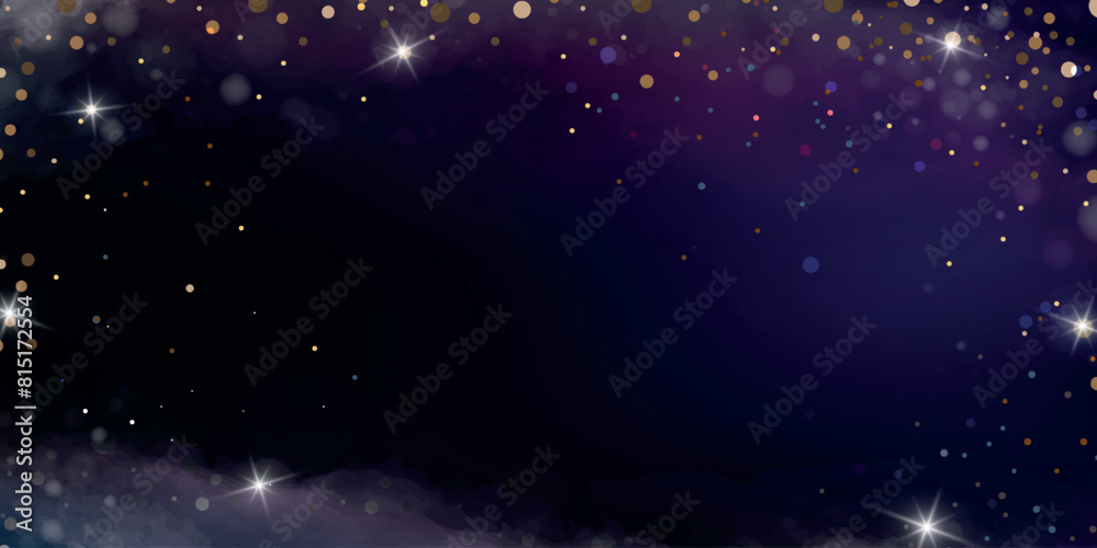 Magic night dark blue frame. Sparkling glitter bokeh lights design with ...
