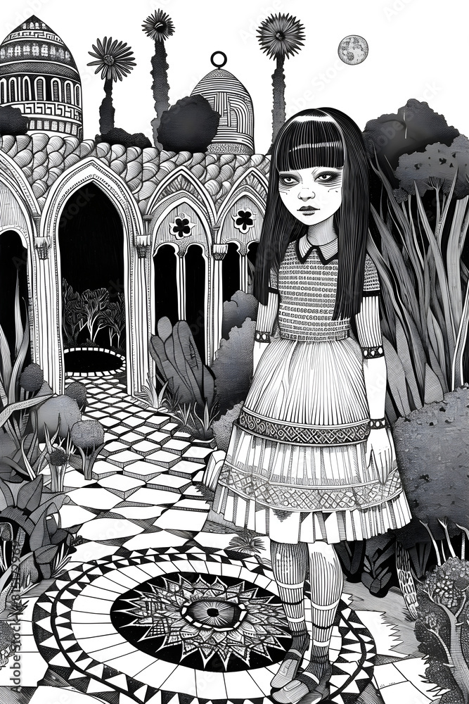 Op art, goth girl in a persian garden, brutalism, pen drawing Stock ...
