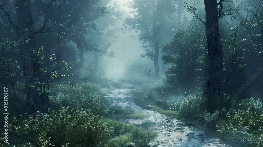 Enigmatic Journey: Hyper-Realistic Foggy Forest Path meandering Through ...