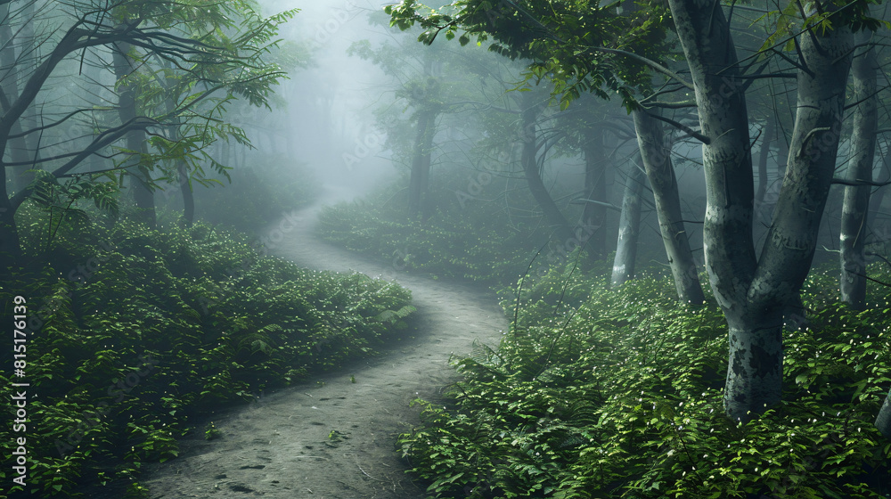 Enigmatic Journey: Hyper-Realistic Foggy Forest Path meandering Through ...