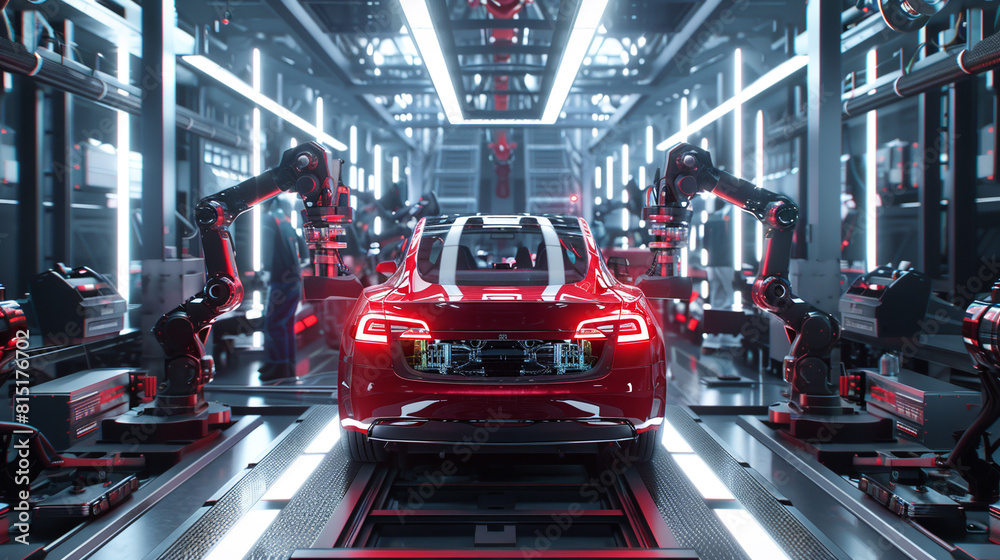 An automated robot arm assembly line producing high-tech electric ...