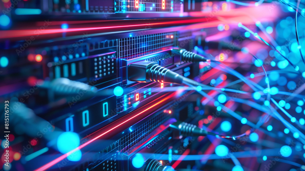 A network server room with cables connected to an Internet switch, a ...