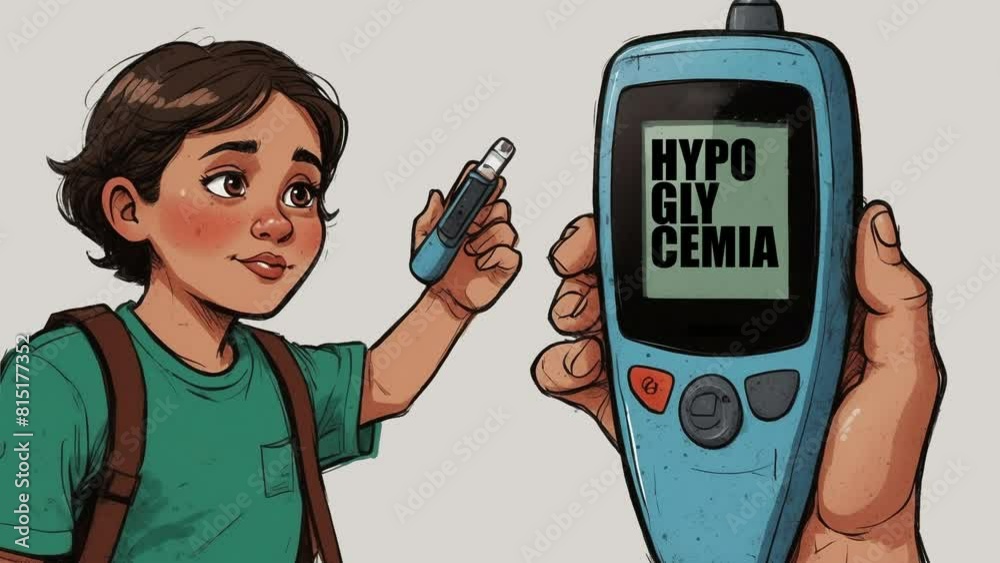Cartoon illustration of a boy holding a glucometer. concept of ...