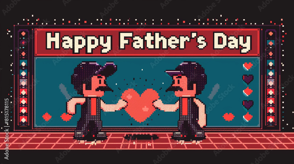 A Father's Day graphic with two pixel art characters, a smaller one ...