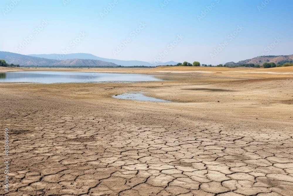 A drying lake with shrinking water levels exposes cracked soil in a ...
