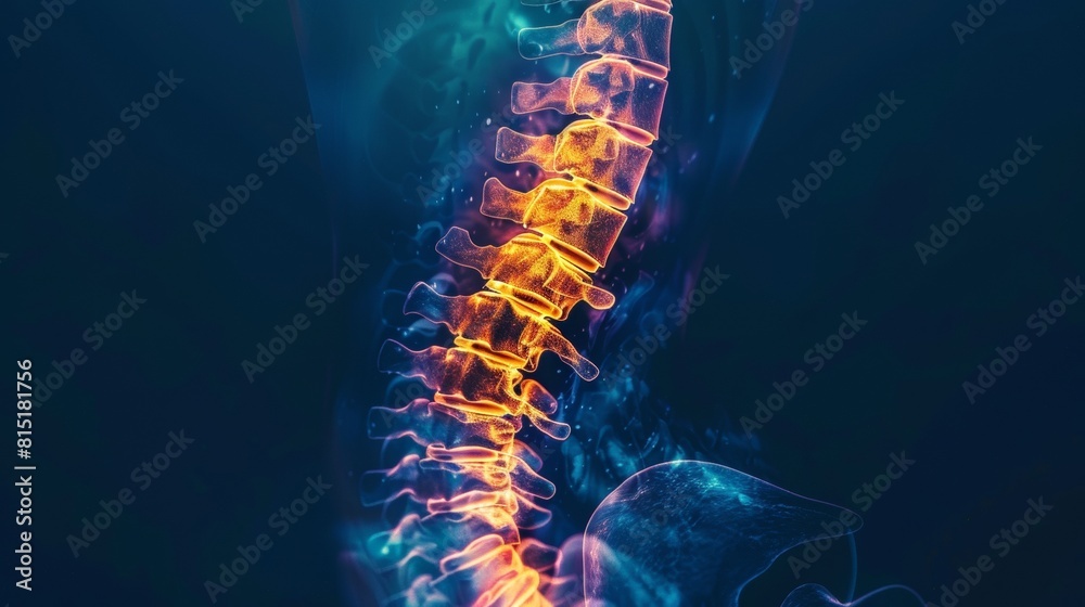 An x-ray image of a human spine against a blue background. The neck ...