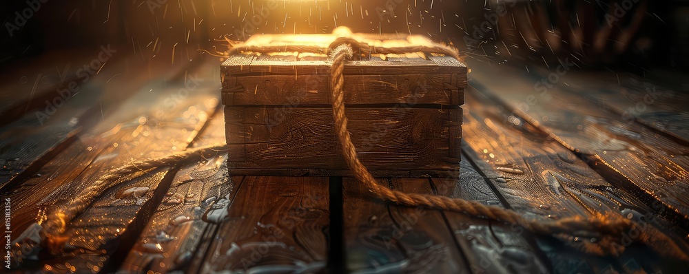 Ropes pulling a heavy idea box on a vintage wooden floor, dimly lit ...