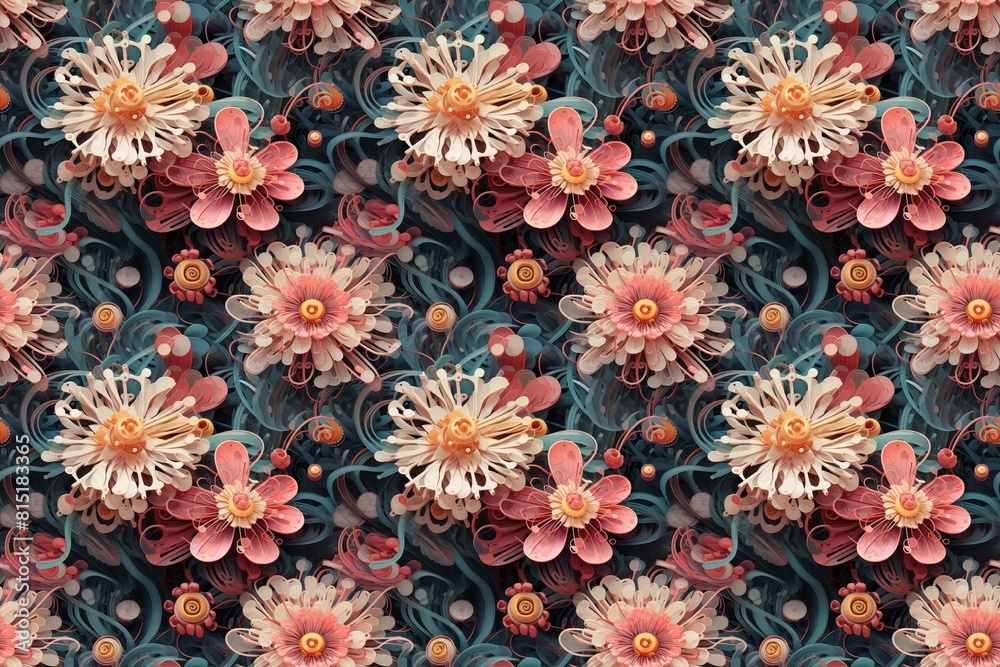 Seamless floral pattern with blooming pink flowers and foliage. Techno ...