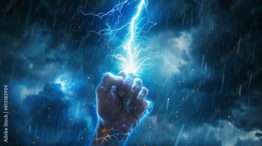 Hand holding up a lightning bolt. Energy and power. Stormy background ...