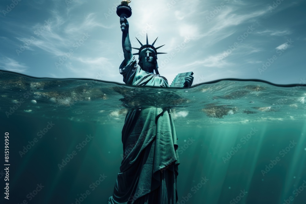 Statue of Liberty submerged underwater as a stark warning of rising sea ...