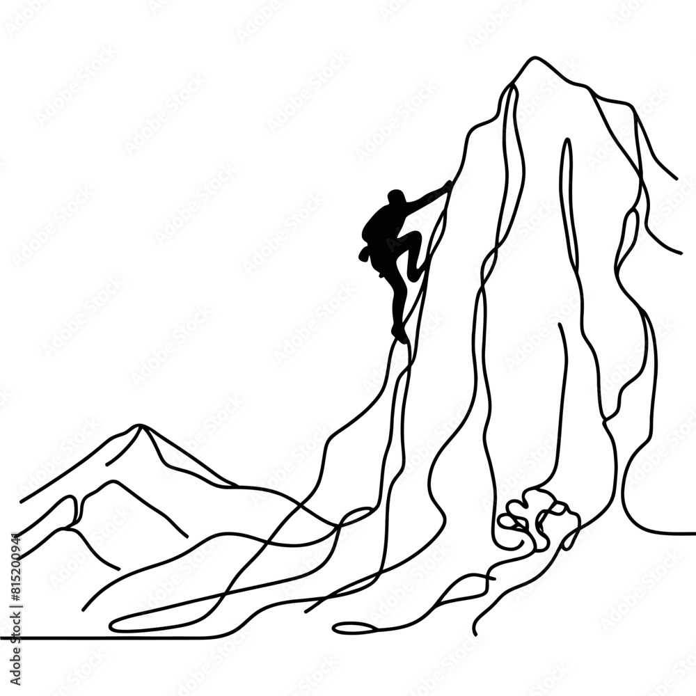 One line drawing of a female climber hanging from the top of a mountain ...