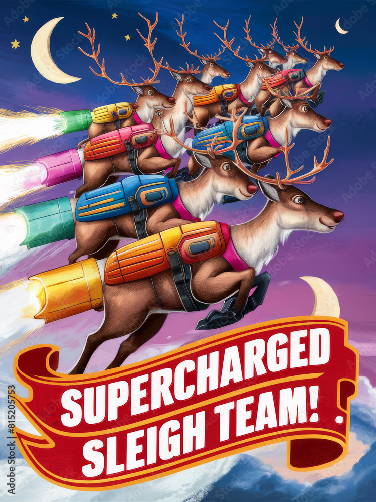 A vibrant illustration of reindeer equipped with rocket boosters flying ...