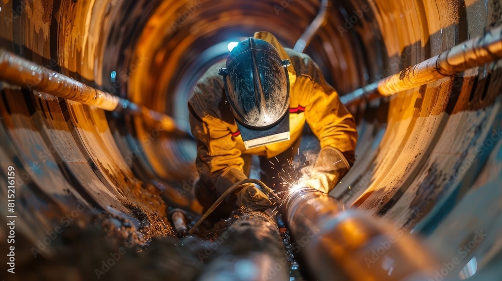 Depict a welder in a safety mask, performing critical maintenance ...