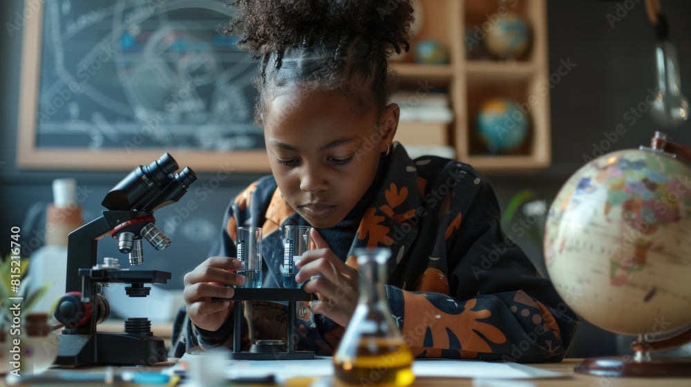 A focused young Black girl conducts a science experiment at home, using ...