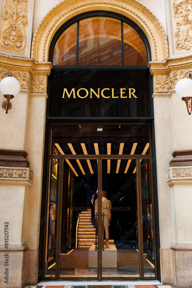 Milan, Italy - 24.04.2024: Moncler showcase located at shopping gallery ...