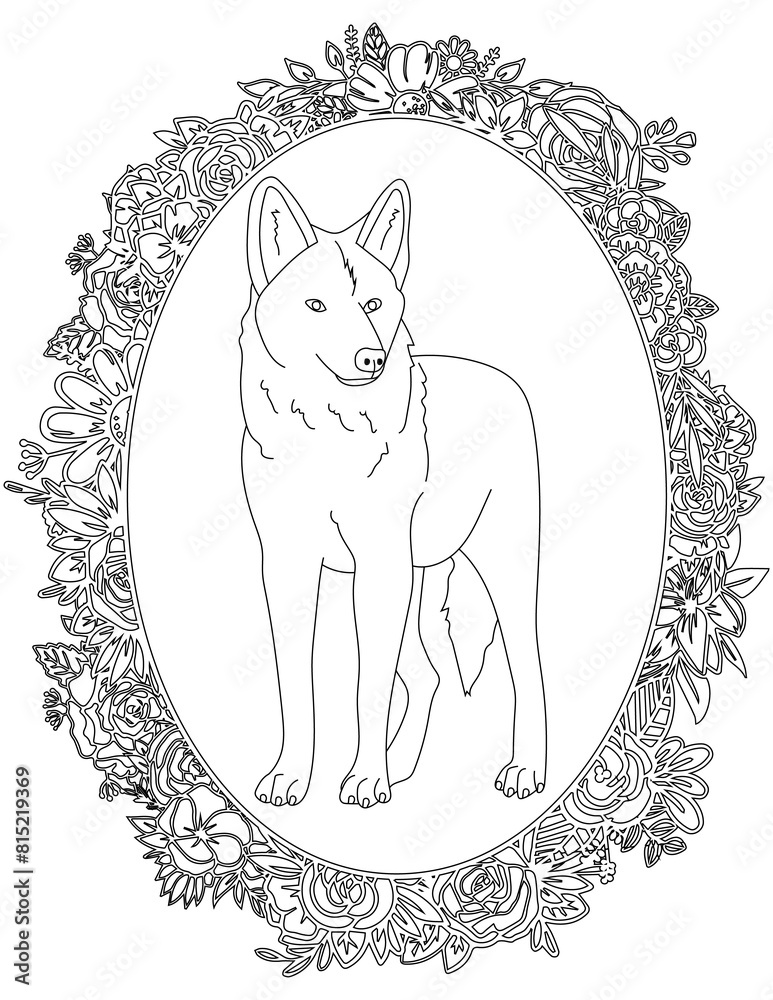 Wolf in A Floral Frame Coloring Page. Printable Coloring Worksheet for ...