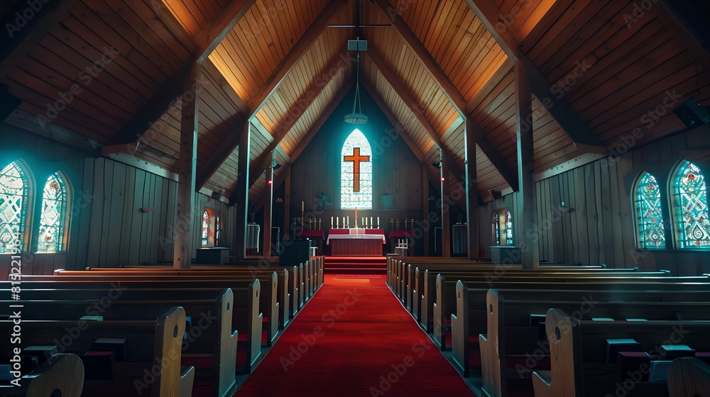 Serene Church Interior with Red Aisle Carpet and Stained Glass Windows ...