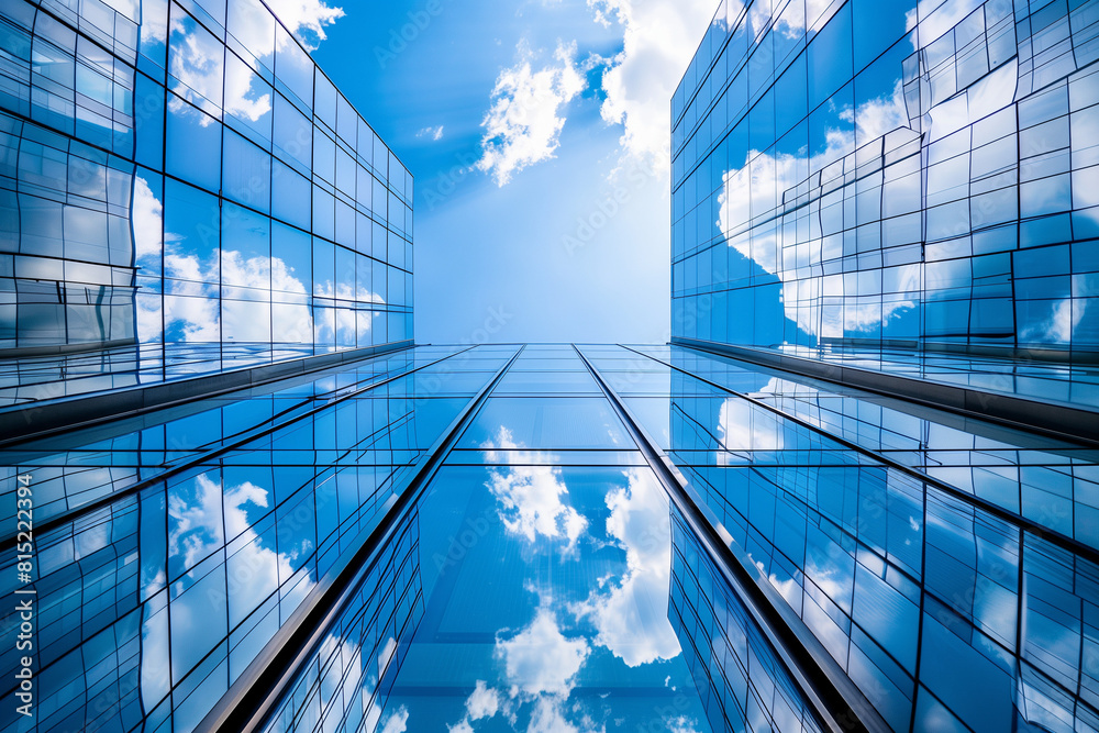 Reflective skyscrapers, business office buildings. Low angle ...
