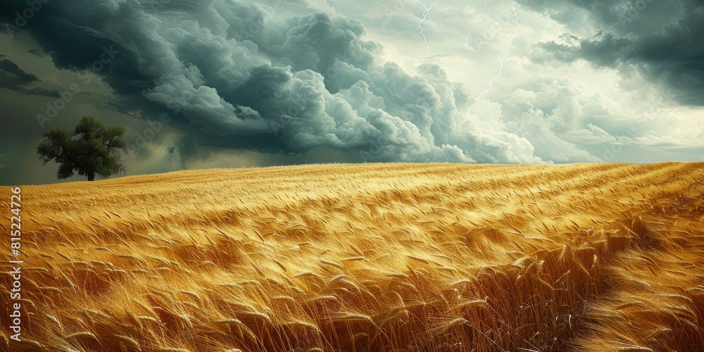 Windswept Golden Wheat Field Under Menacing Storm Clouds, A Lonely Tree ...