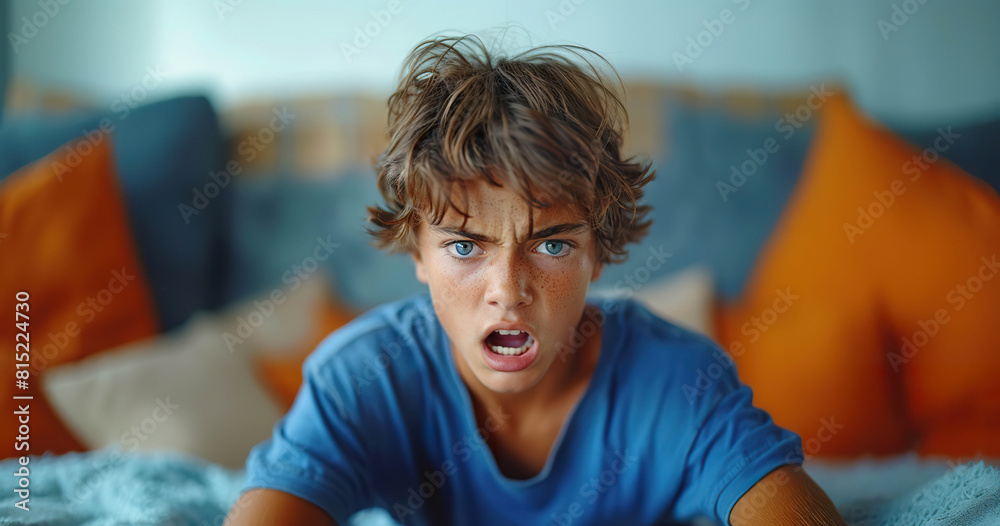 Angry boy with blue eyes yells with intensity. Generated by AI. Stock ...