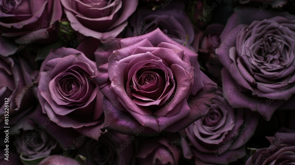 A luxurious backdrop of dark purple roses a single purple rose standing ...