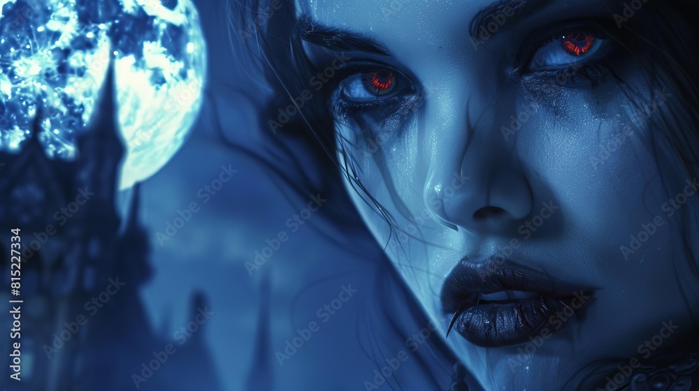 Illustrate a gothic scene featuring a woman vampire with elongated ...