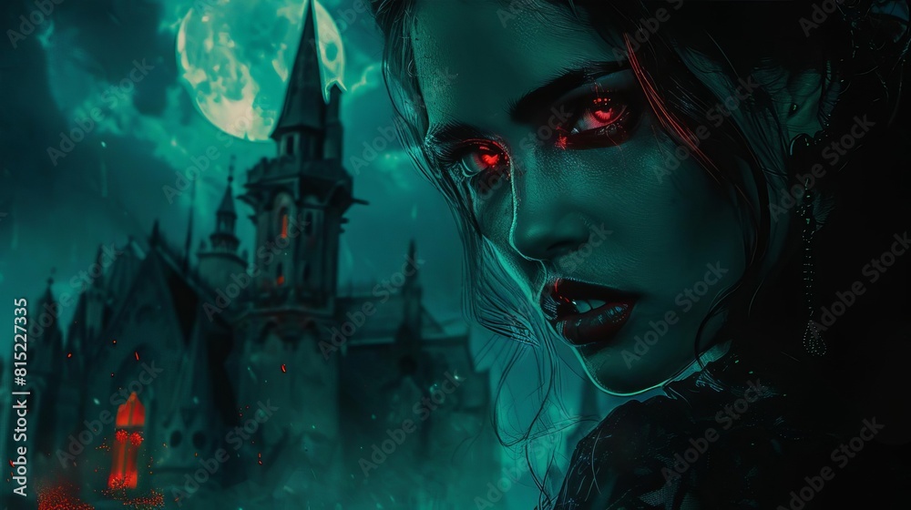 Illustrate a gothic scene featuring a woman vampire with elongated ...