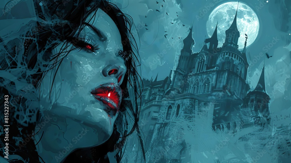 Illustrate a gothic scene featuring a woman vampire with elongated ...
