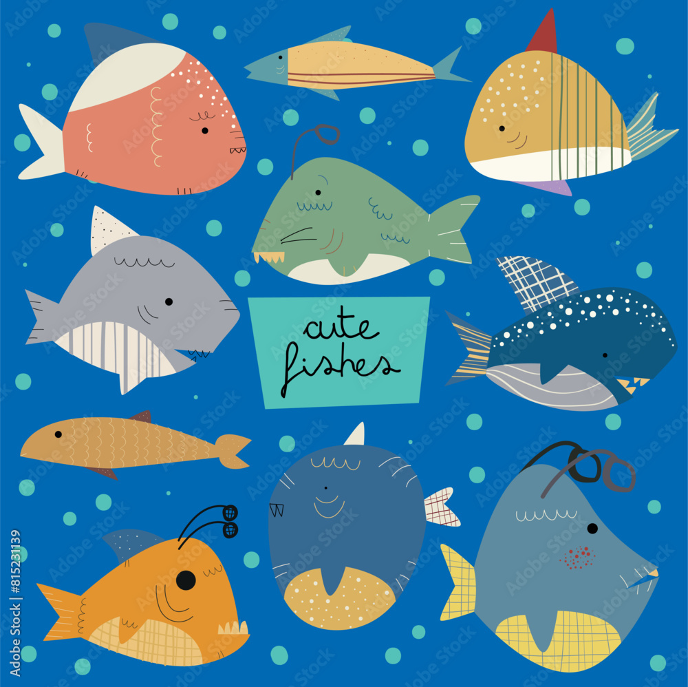 Set of 10 fish clipart. You can hide background and use only fish ( this isn't seamless pattern ...