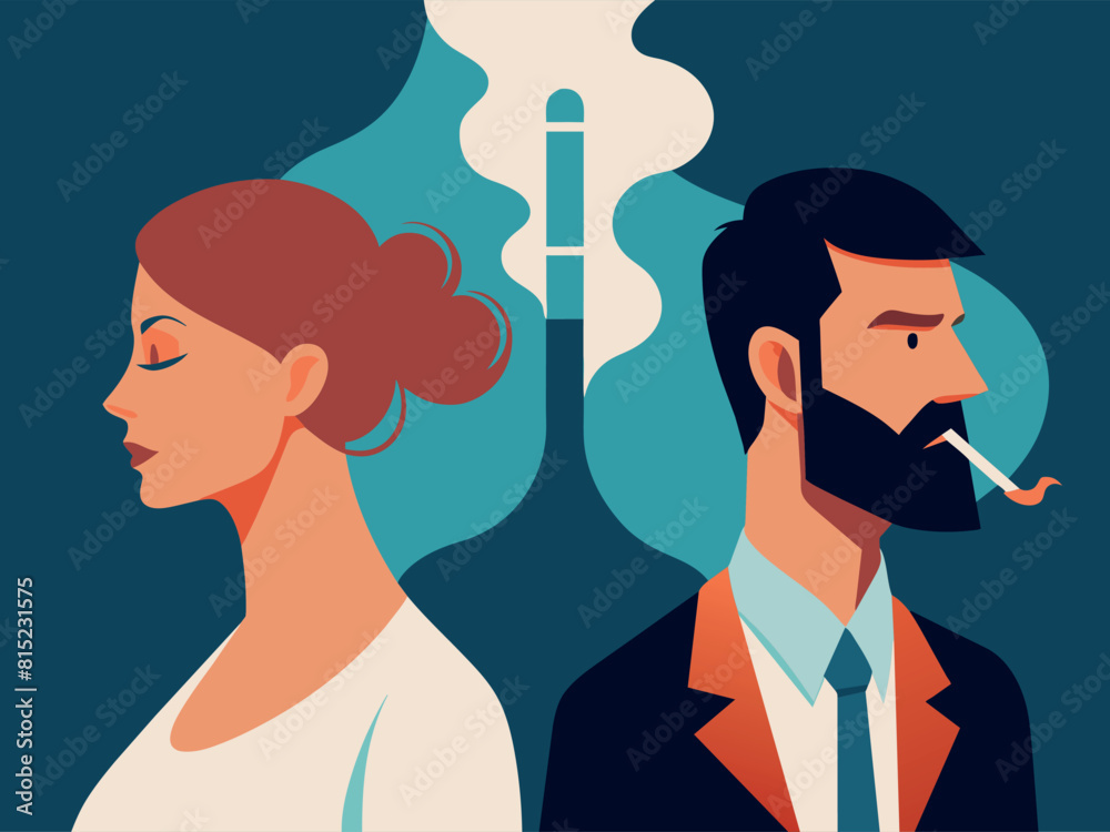 Man and woman smoking cigarettes. Healthy and unhealthy lung on ...