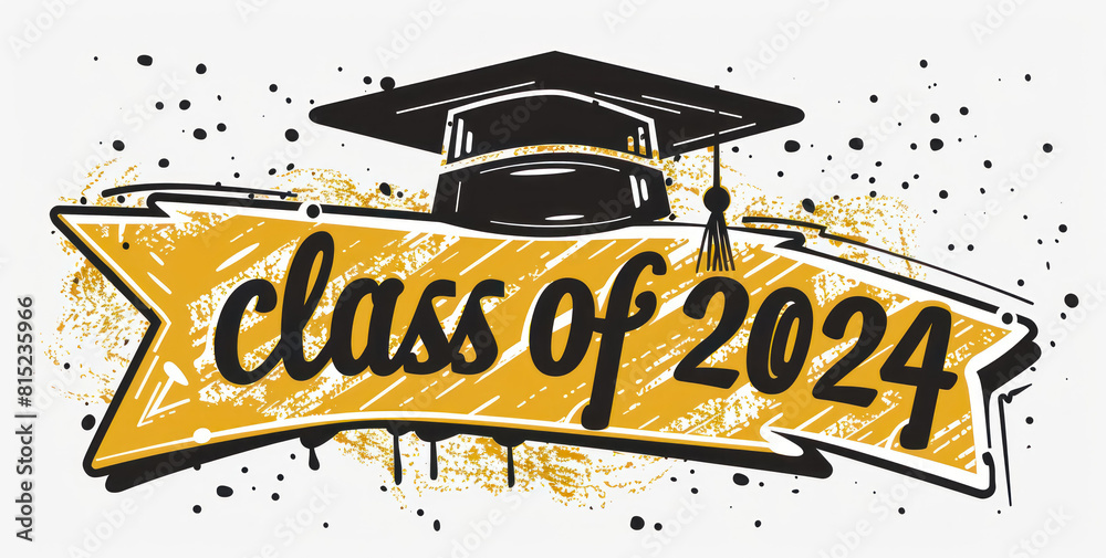 dynamic class of 2024 graduation banner with cap and yellow splatter ...