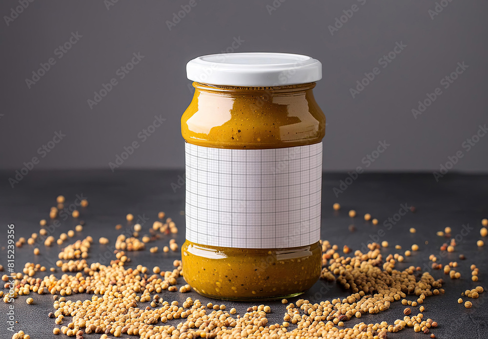 Dijon ancient mustard jar label mockup with grains around 01 Generative ...