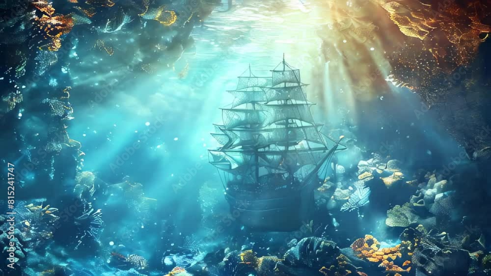 Underwater scene of sunken ship surrounded by coral reefs with beams ...