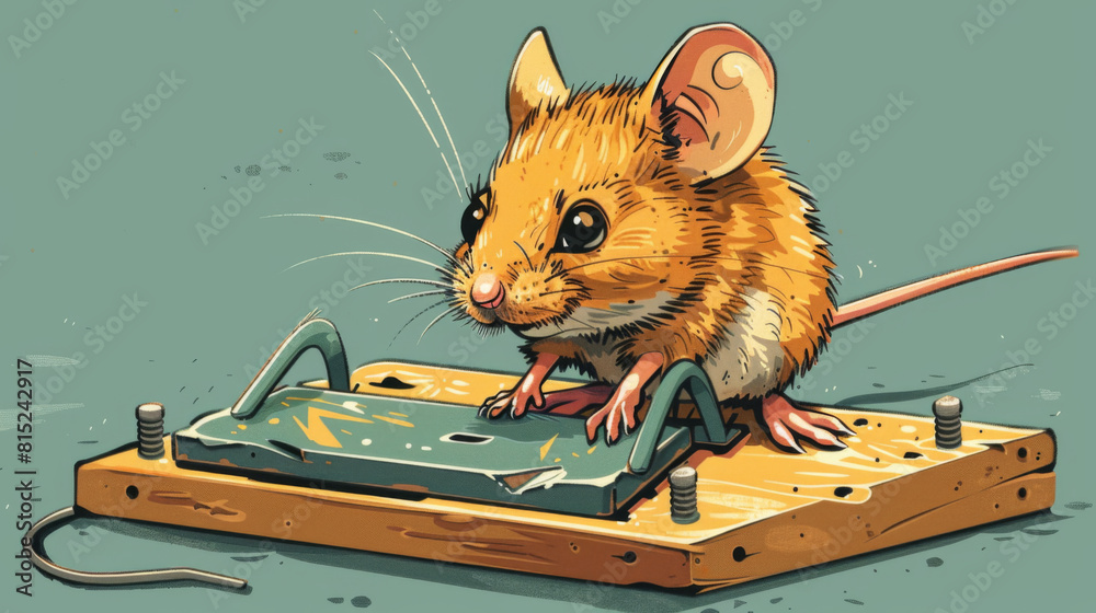 Cartoon illustration of a curious mouse caught in a traditional wooden ...