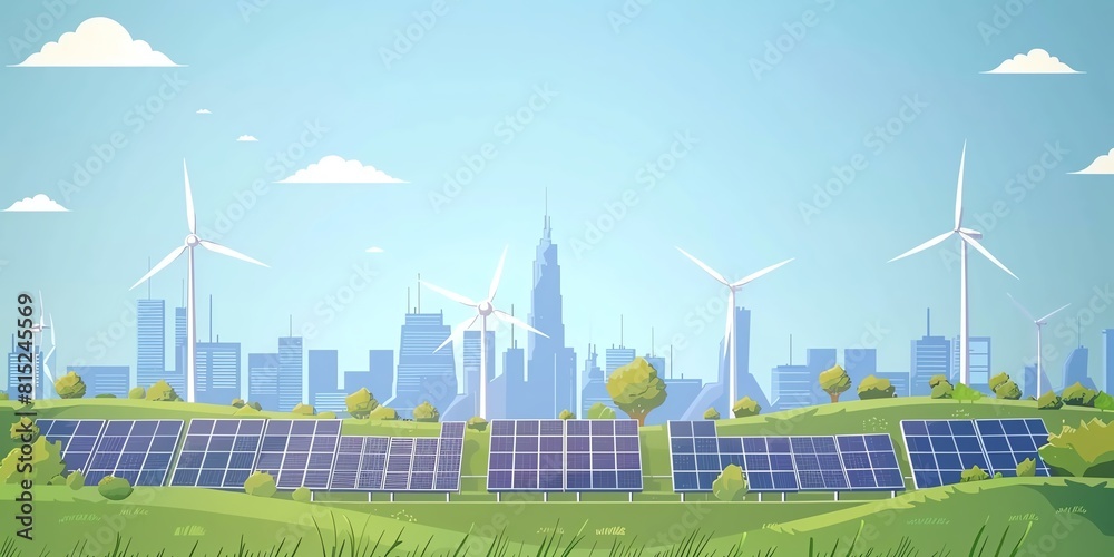 environment, flat design, wind turbines and solar cells coexisting in a ...