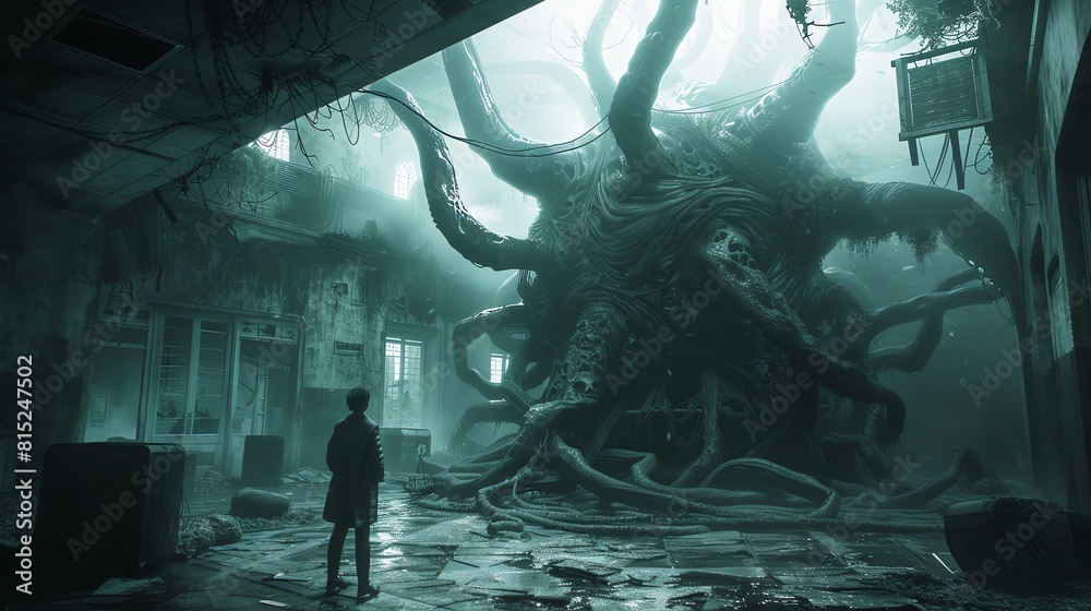 Cthulhu standing in the middle of a destroyed city street with ...