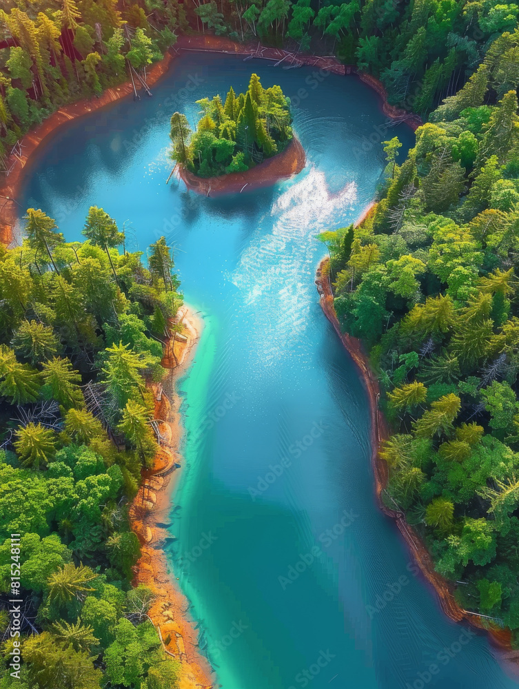 Breathtaking aerial digital art depicting a lush forested island in the ...