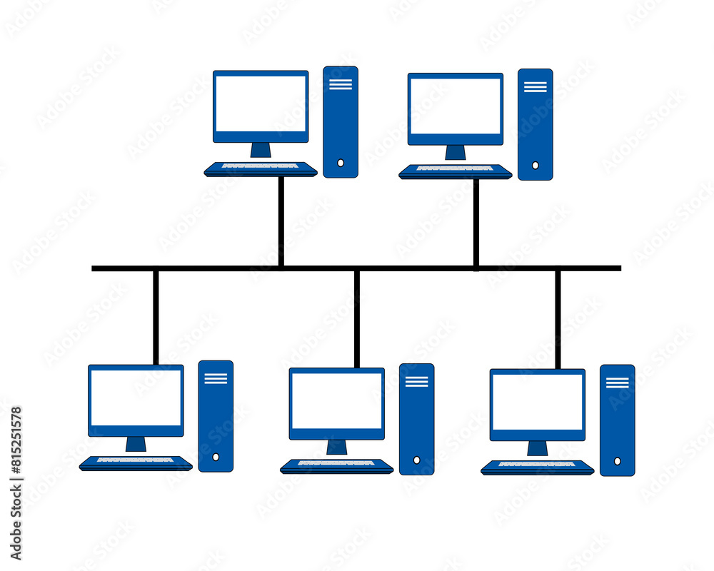 Bus topology network vector illustration, in computer network ...