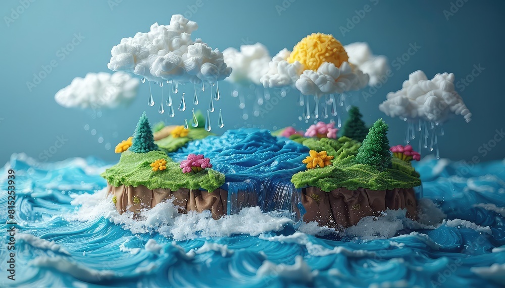 Earths water cycle depicted in 3D with pastel clouds and rain ...