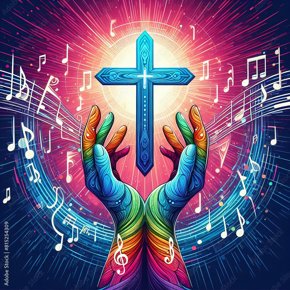 colorful vector illustration of believer's hands holding a christian ...