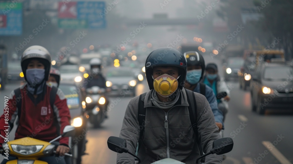 Road traffic crowded with motorbikes and scooter drivers. Driver in ...